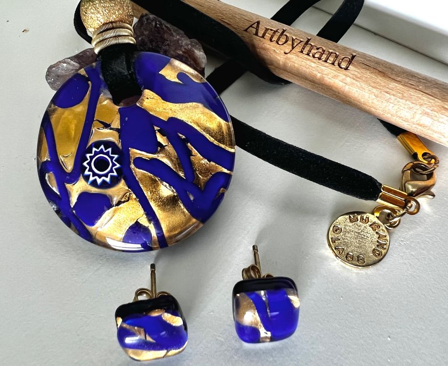 MURANO SET KETTE AN SAMTBAND MIT SILBERKUGEL UND OHRSTECKERN | Kaufen auf Ricardo