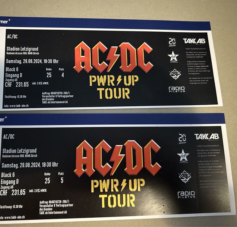 2 AC / DC 1. Kategorie Sitzplatz Tickets Zürich (Neu und ...