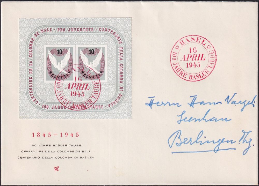 1945, W23 Baslertaube-Block, sauberer Brief geste.Kat: 100.- (Gebraucht) in Sursee für CHF 10 ...
