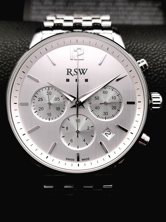 RSW Swiss Made Herrenuhr Chronograph,weiss,Edelstahl Armband (Neu und ...