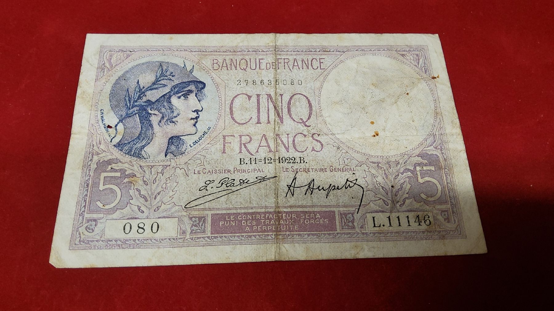Frankreich 5 Francs Note, Jahr 1922, Seltenes Sammlerstueck (Gebraucht ...