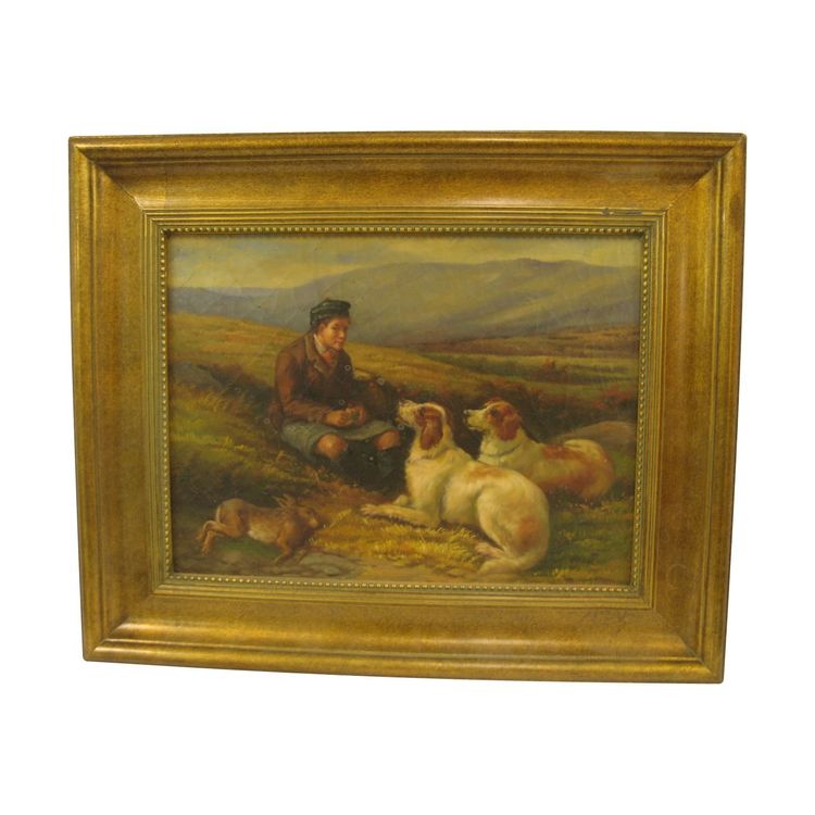1 Tableau, huile sur bois “Chasseur et ses Chiens”. (D'occasion) à ...