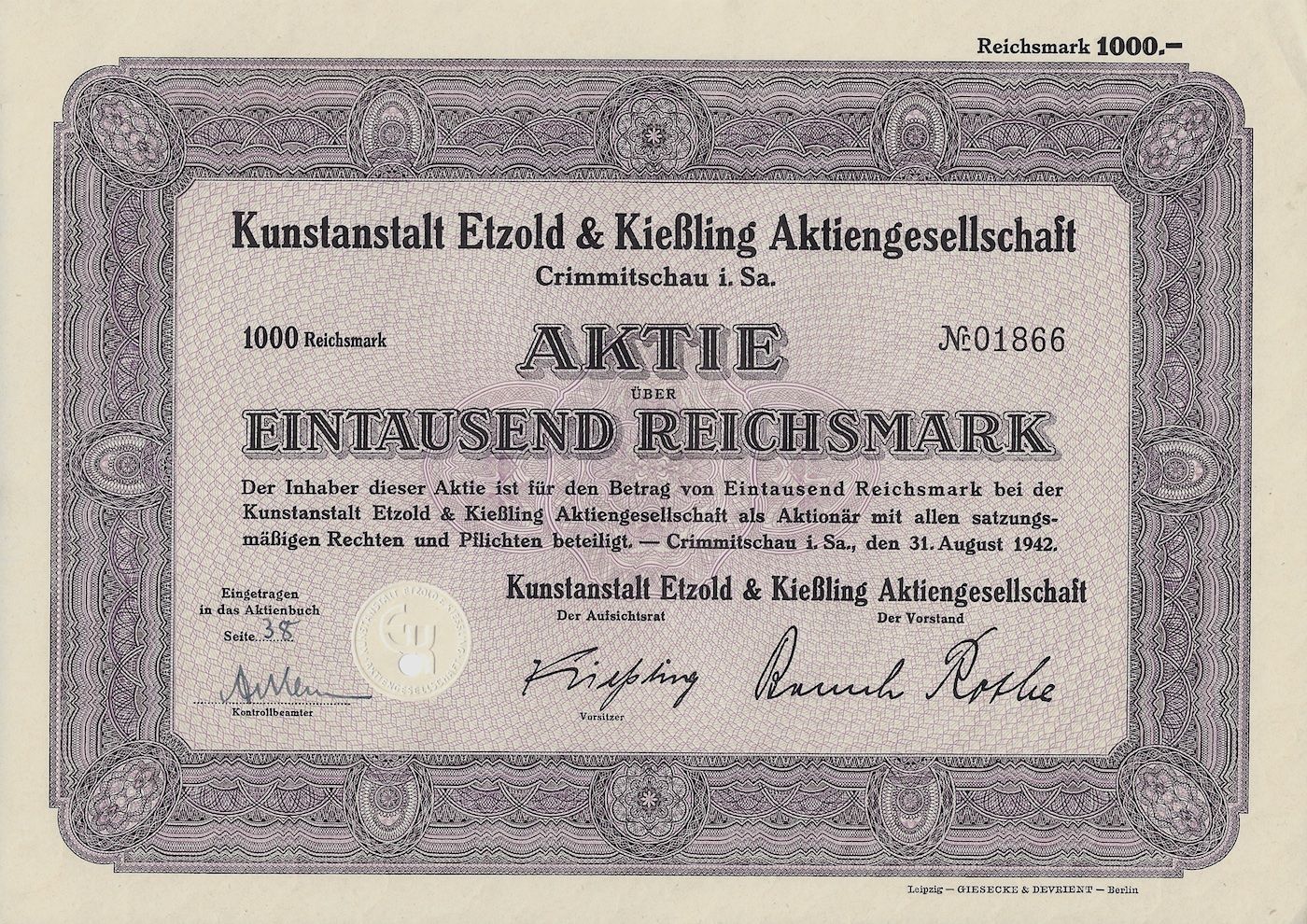 Kunstanstalt Etzold & Kiessling AG, Crimmitschau - 1942 (Gebraucht) in ...