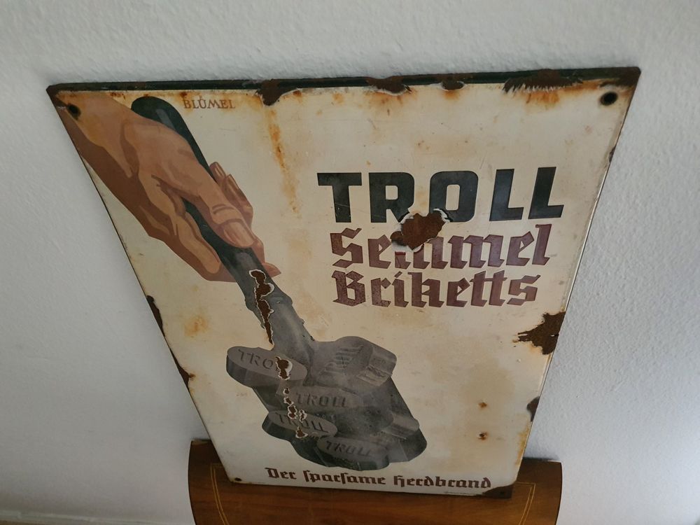 Altes grosses Emailschild Troll Briketts Emaille Schild 30er (Gebraucht ...