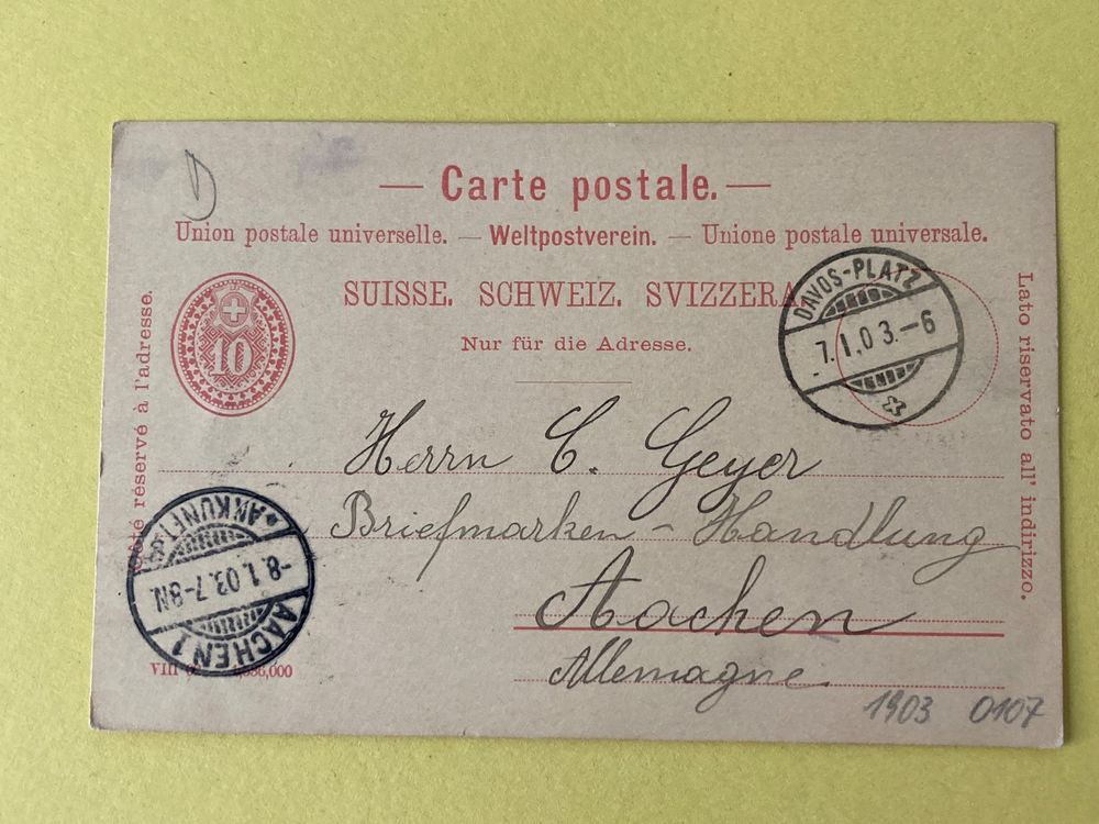 SCHWEIZ - DEUTSCHLAND CARTE POSTALE 1903 DAVOS-PLATZ (Gebraucht) in Erlach für CHF 1 – mit ...