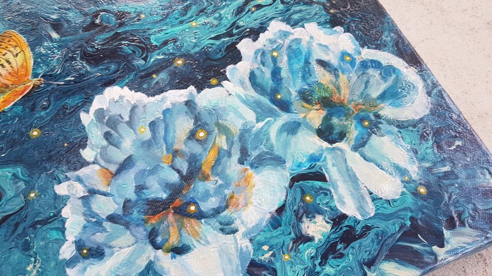 Pfingstrosen Schmetterling acrylic pouring Kunstwerk Gemälde (Neu und originalverpackt) in ...