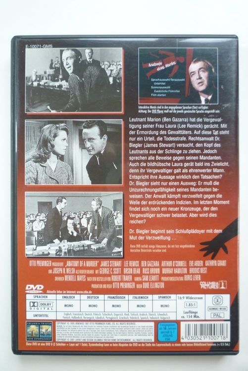 DVD ANATOMIE EINES MORDES Film Noir Klassiker Otto Preminger (Gebraucht ...