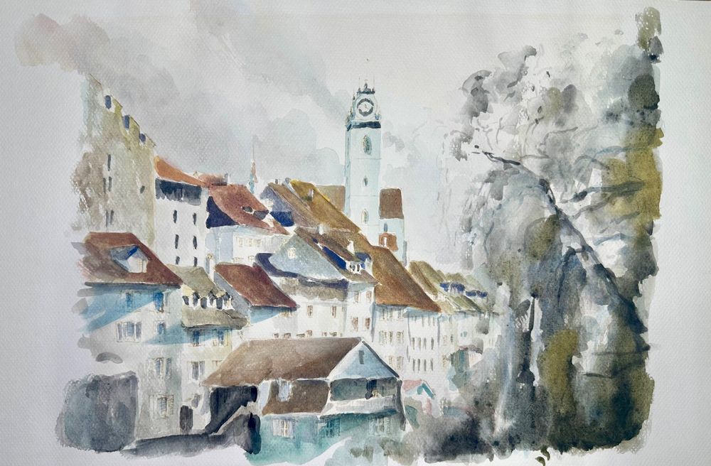Traumhafte Schweizer Stadtszene Aquarell Gemälde (Gebraucht) in Kölliken für CHF 5 – mit ...