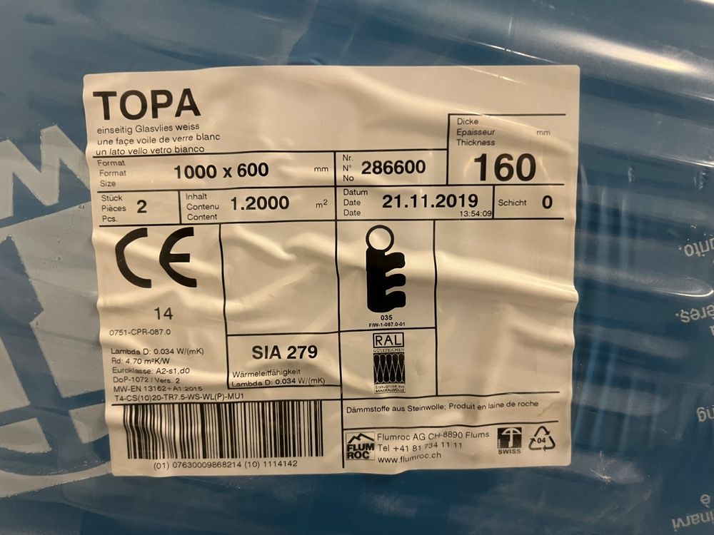 Flumroc-Dämmplatte TOPA 160mm 4.8m2 neu und originalverpackt (Neu und ...