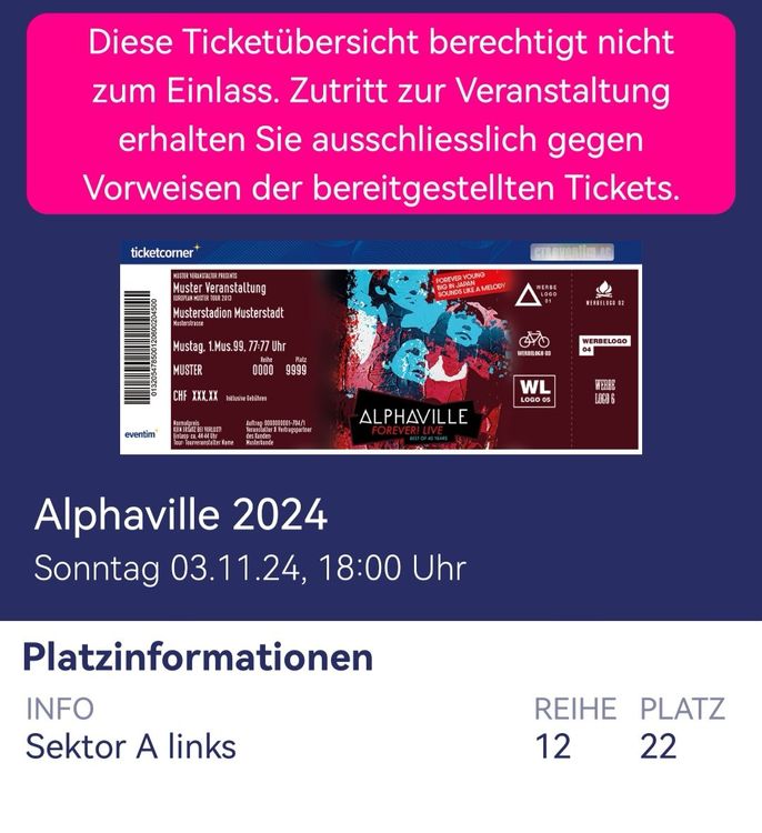 Ticket Alphaville 03.11.24 ZH vor Bühne links nur CHF 125.- | Kaufen auf Ricardo
