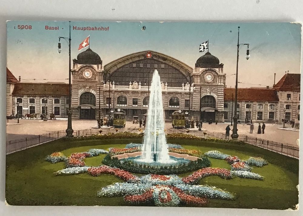 Alte Ansichtskarte Bahnhof Basel mit Springbrunnen, um 1910. | Kaufen ...