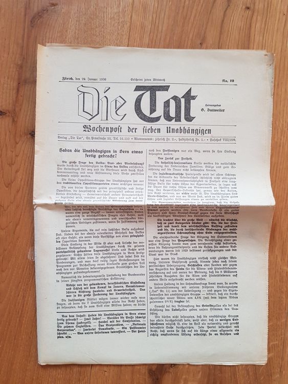 antike Zeitung - Die Tat - 1936 G. Duttweiler | Kaufen auf Ricardo