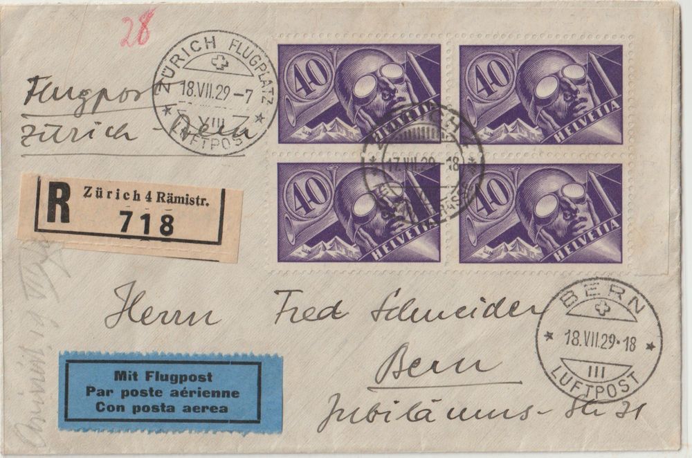 Luftpost Brief 1929 mit F7 4er Blco für Bern R (Gebraucht) in Biel/Bienne für CHF 41 – mit ...