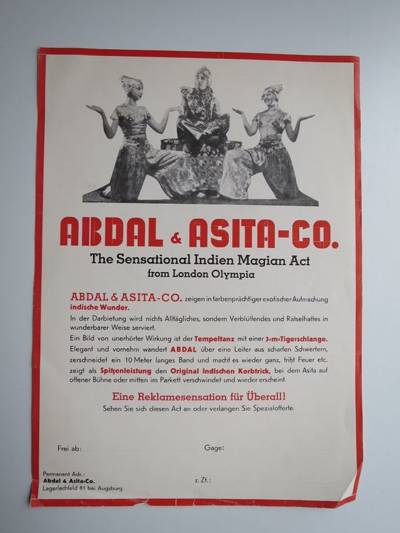 Reklame Indischer Zauberkünstler Abdal & Asita-Co (Gebraucht) in Zürich ...