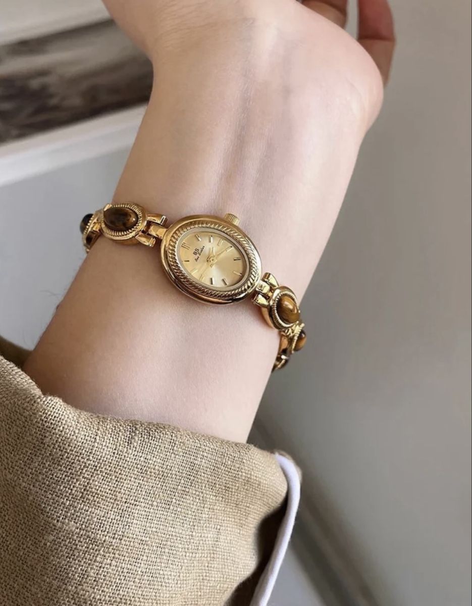 Elegante Damenuhr, 14K Gold plated mit Tigerauge-Details (Neu und ...