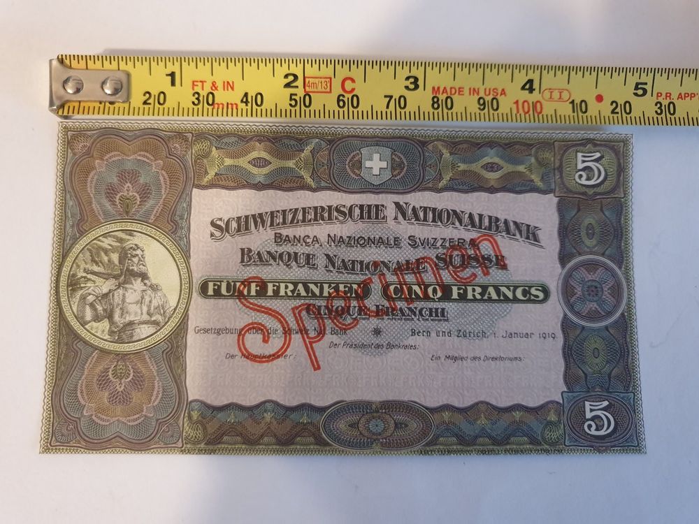 Banknote 5 Franken Schweiz Specimen 1919 (Gebraucht) in Russikon für ...