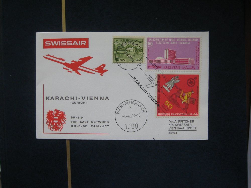 Flugbrief KARACHI-VIENNA-Zürich 3.4.73 (Neu (gemäss Beschreibung)) in Wangs für CHF 1 – mit ...
