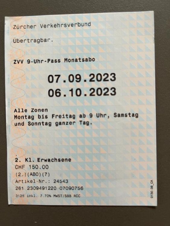 Übertragbar ZVV 9-Uhr-Pass Monatsabo gültig bis 06.10 (Gebraucht) in ...