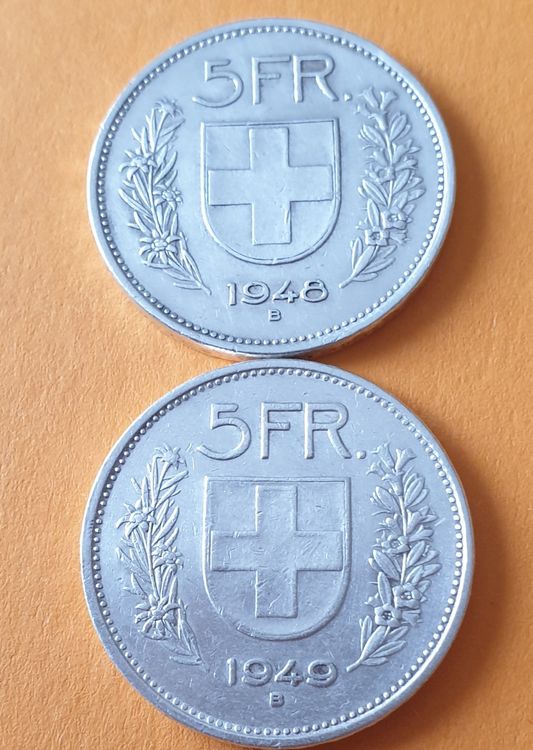 2 X 5 FRANKEN SILBERMÜNZEN 1948 +1949 SEHR SCHÖN RAR | Kaufen auf Ricardo