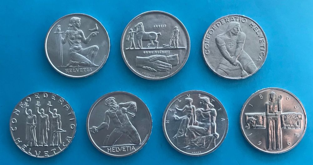 alle 7 Schweizer Silber 5 Franken-Gedenkmünzen 1936 - 1963 (Gebraucht) in Zuerich für CHF 210 ...