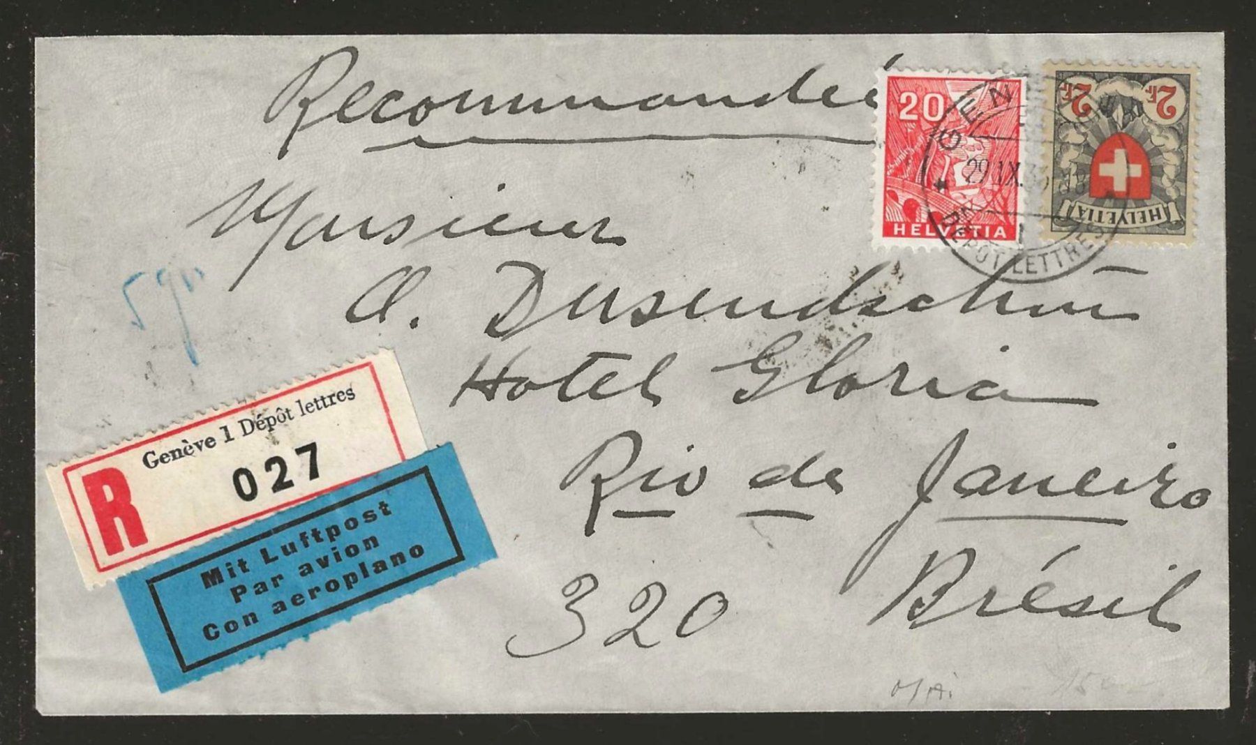 1936 : Nr. 166z auf R-Luftpost Brief nach Rio : KP 250.-- (Gebraucht) in Gümligen für CHF 20 ...