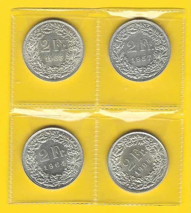 4 siberne Jahrgänge Fr. 2.--f.unzirk./Ag 0.835/10gr/8,35gr (Neu (gemäss ...