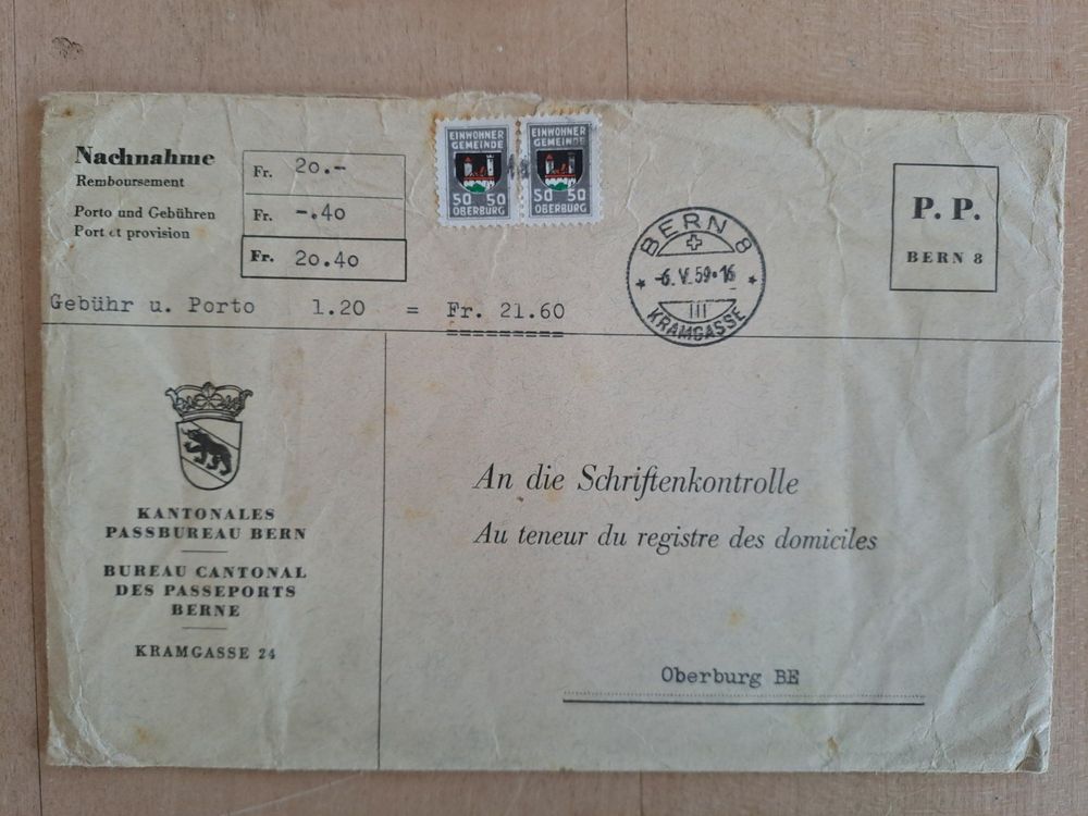 alter NN-Brief mit Tax-Marken Gemeinde Oberburg 1959 (Gebraucht) in Ostermundigen für CHF 2 ...