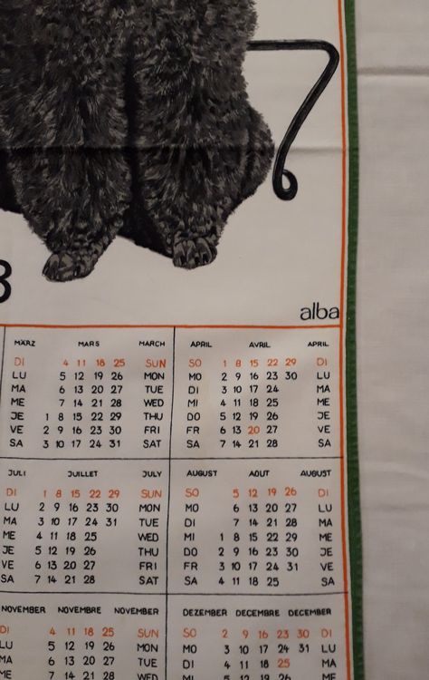 VINTAGE Kalender-Geschirrtuch / Küchentuch ALBA 1973 Pudel (Gebraucht ...