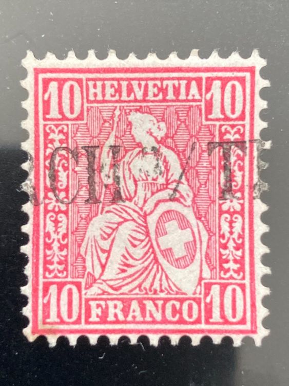 Schweiz 1867 sitzende Helvetia 10 Rp. Balken (..)RCH a/T(..) (Gebraucht) in Liestal für CHF 1 ...