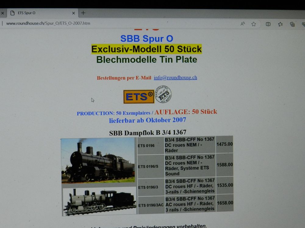 ETS Spur 0 WS SBB Dampflok B 3/4 1367 (Gebraucht) in Jona für CHF 293 – mit Lieferung auf ...