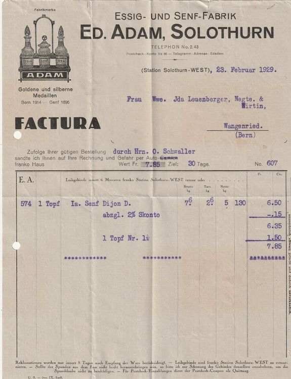 Rechnung Solothurn 1929 Essig- und Senf-Fabrik Ed. Adam (Gebraucht) in Rorschacherberg für CHF 3 ...