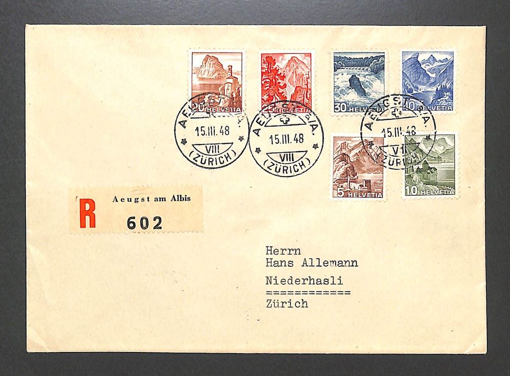 1948 FDC Farbänderung Landschaftsbilder AEUGST SBK = 750.- (Gebraucht) in Zürich für CHF 180 ...