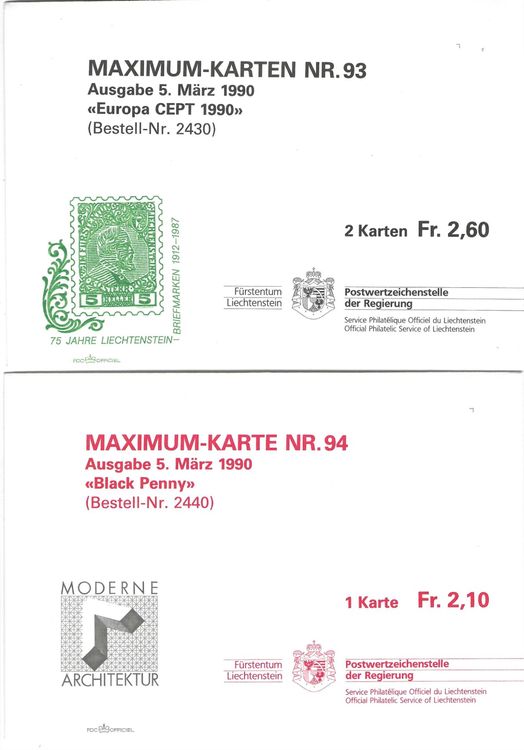 Lichtenstein Maximumkarten No. 93+94 original verpackt | Kaufen auf Ricardo