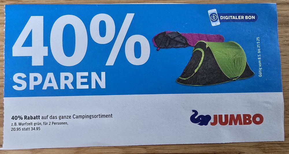 40% Gutschein aufs Campingsortiment vom Jumbo (Neu und originalverpackt) in Geroldswil für CHF 3 ...