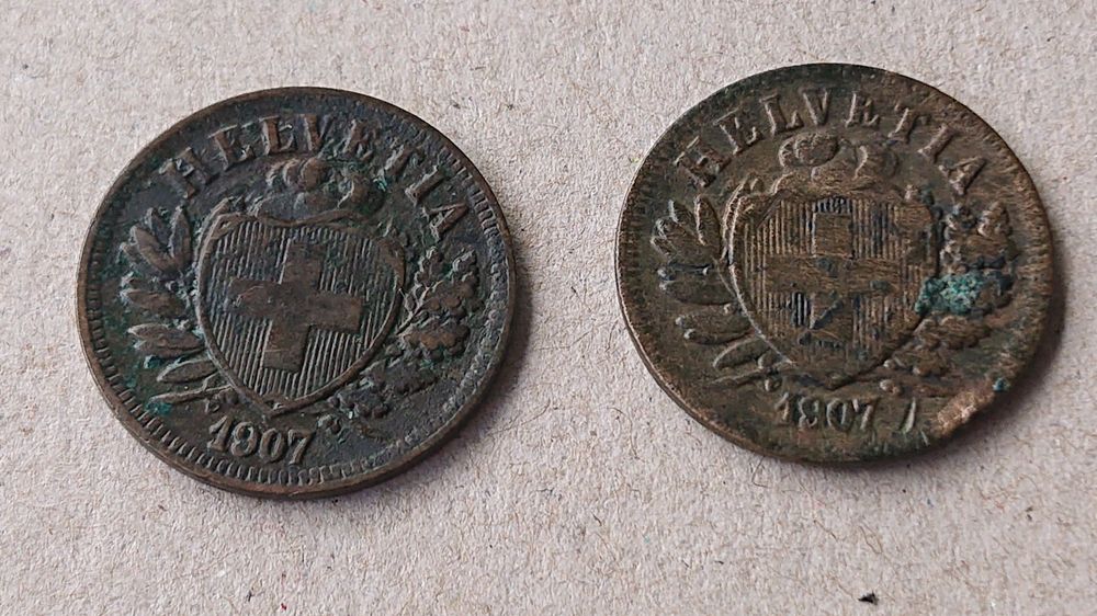 2 Antike Münzen 2 Rappen Jahrgang 1907 (Gebraucht) in Madiswil für CHF 10 – mit Lieferung auf ...