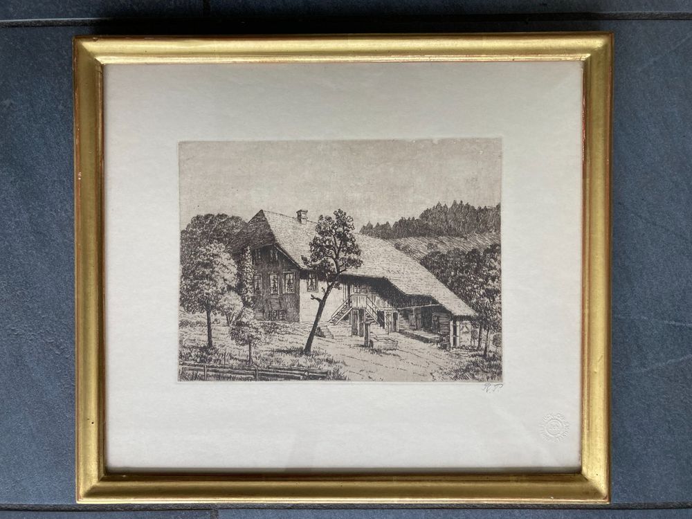 RADIERUNG Kupferradierung Bauernhaus in überf. Goldrahmen (Gebraucht) in Subingen für CHF 24 ...