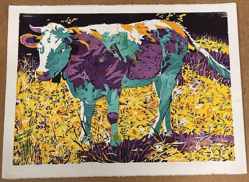 Holzschnitt Farbige Kuh, von Roland Flück (ID b3400) | Kaufen auf Ricardo