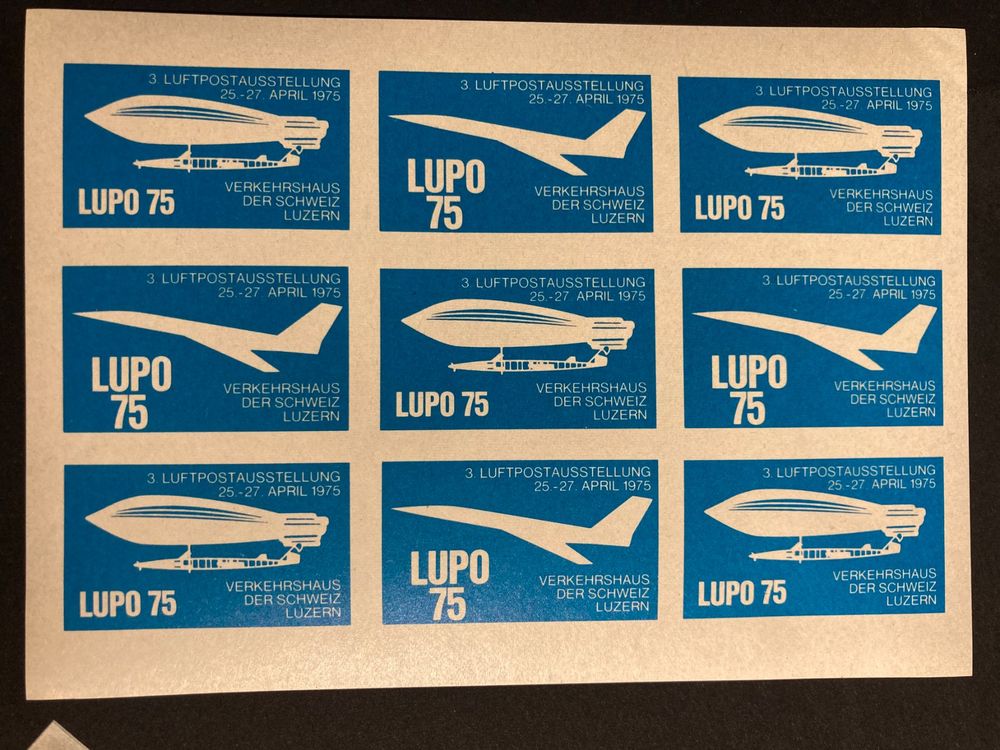 Schweiz 1975 Vignetten-Bogen LUPO 75 Zeppelin Concorde postf (Neu ...