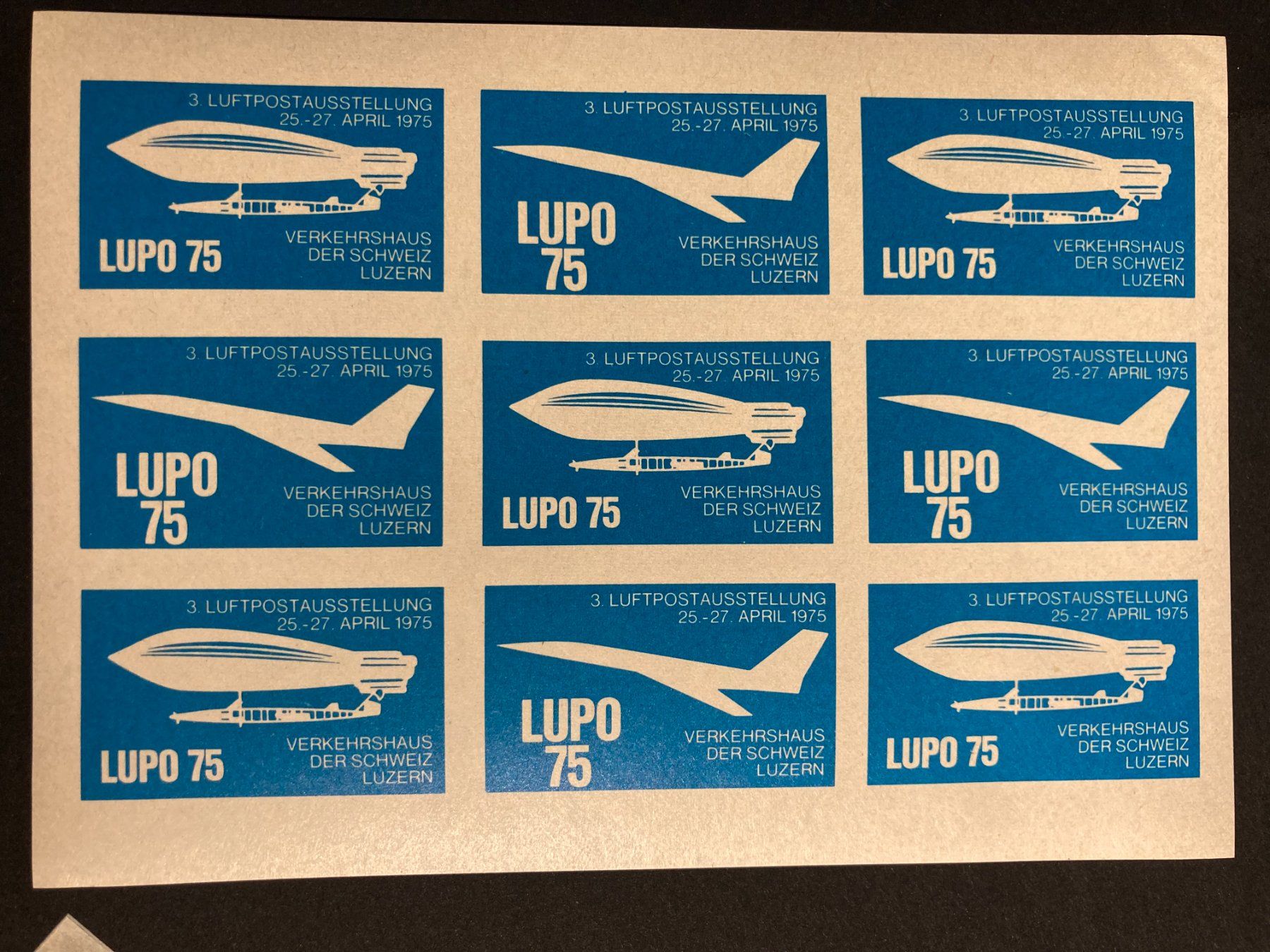 Schweiz 1975 Vignetten-Bogen LUPO 75 Zeppelin Concorde postf (Neu ...