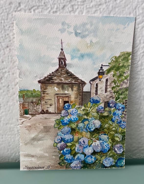 Aquarell Dorfkirche Moncontour, Frankreich, Unikat (Neu und originalverpackt) in Laufen für CHF ...