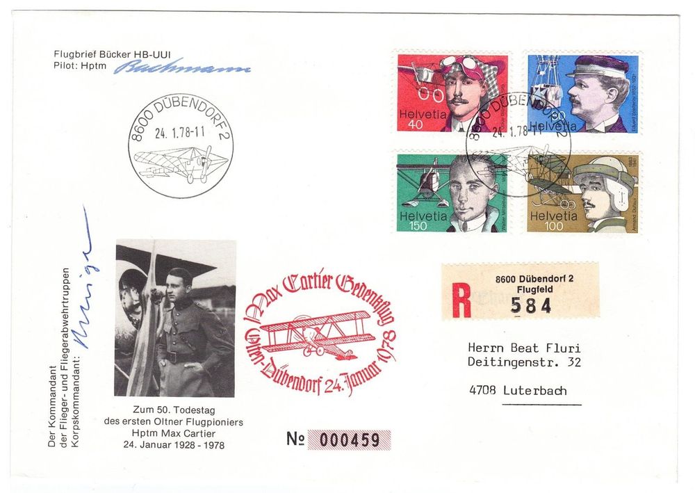 Flugpost: R Brief Max Cartier Gedenkflug Olten-Dübendorf1978 | Kaufen auf Ricardo