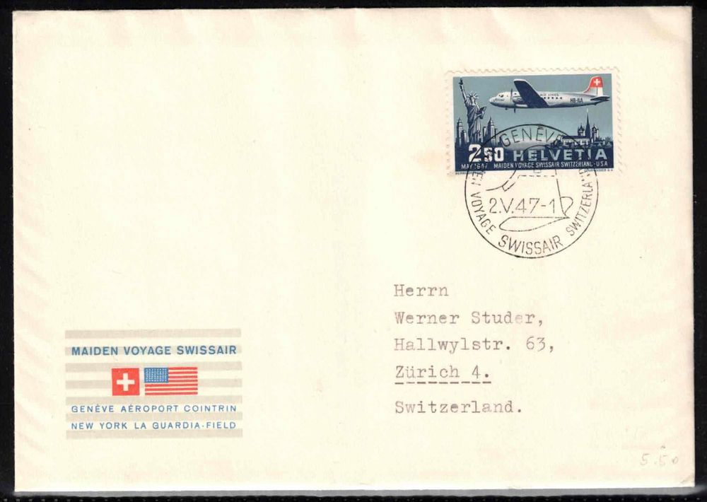 1947 Flugpost Brief "Swissair Flug New York" (Neu (gemäss Beschreibung)) in Nuglar für CHF 2 ...