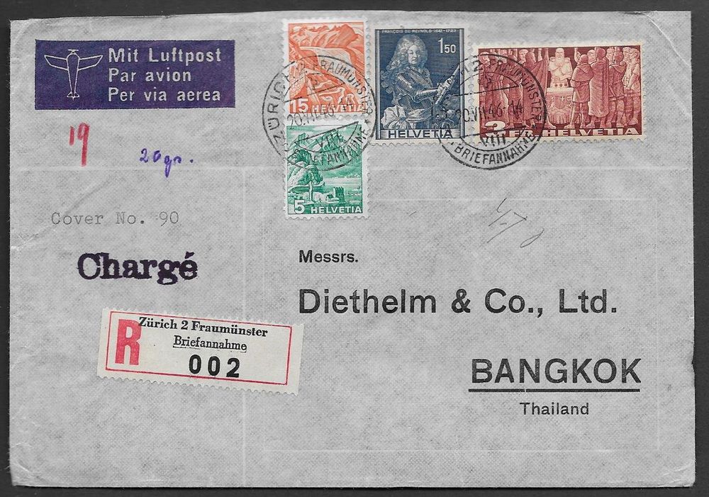 1946 R/Luftpost-Brief Zürich -BANGKOK Porto 4.70 20g. ab 1.- (Gebraucht) in Zürich für CHF 12 ...