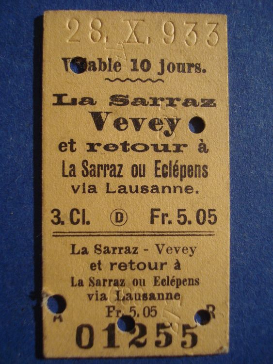 SBB - 28.10.1933 - LA SARRAZ - VEVEY - 3.Classe (Gebraucht) in Biel/Bienne für CHF 22 – mit ...