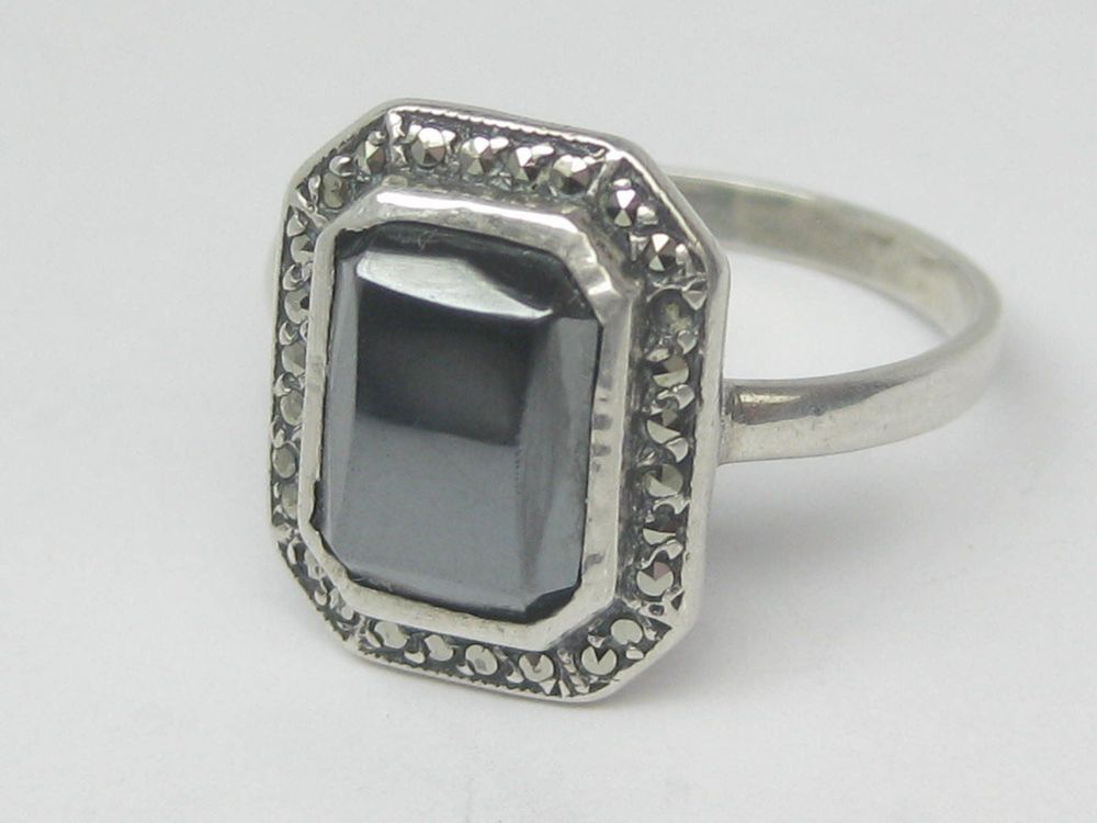 Antik Ring Art Deco Silber 835 Onyx Markasiten Gr. 58 (Gebraucht) in ...