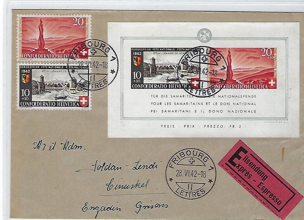 Pro Patria Block 1942 Express Brief Fribourg 14505 | Kaufen auf Ricardo