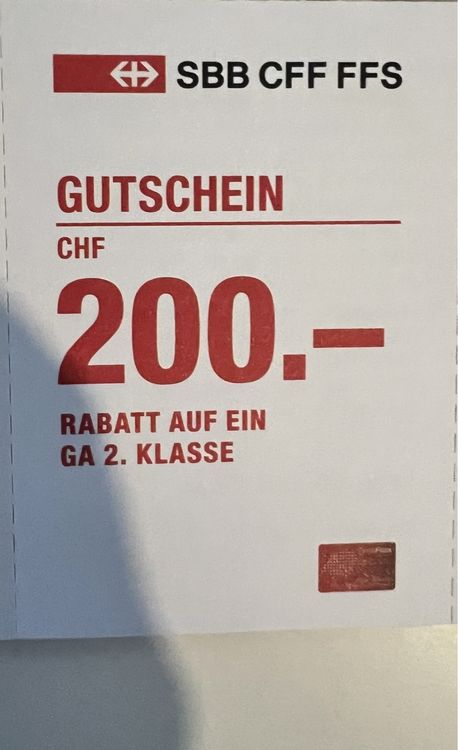Gutschein CHF200.- rabatt auf ein GA 2. klasse SBB CFF (Neu und ...