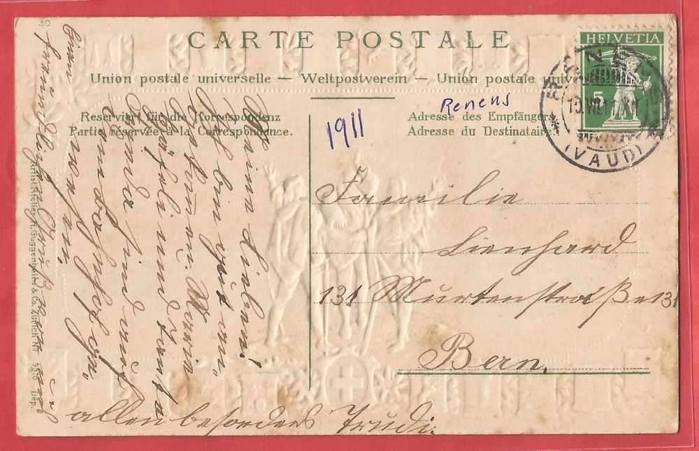 Rütlischwur und Kantons-Wappen - Prägekarte - 1911 (Gebraucht) in Fislisbach für CHF 4 – mit ...