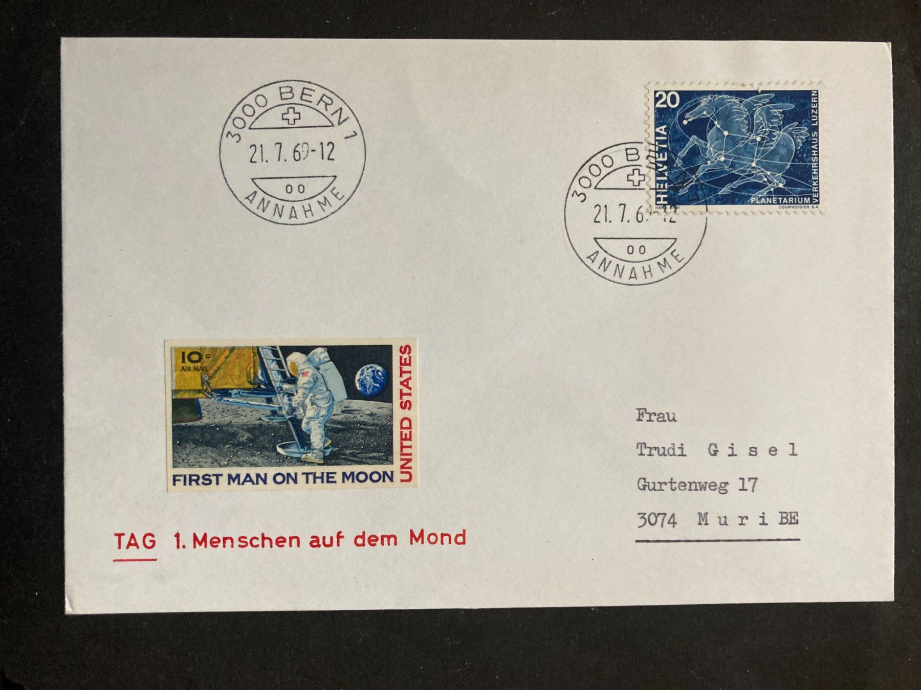 Schweiz 1969 Cachet+Stempel Datum 1.Mensch auf dem Mond (Gebraucht) in Liestal für CHF 2 – mit ...
