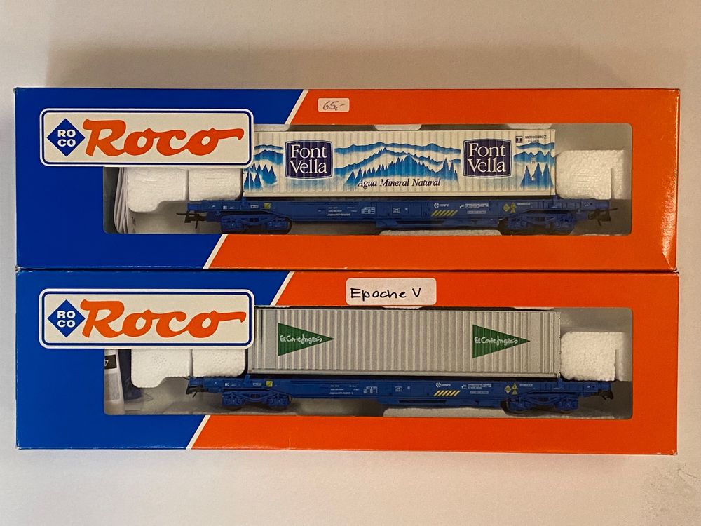 2 x Roco (H0 GS) RENFE Taschenwagen mit 40’-Containern (Gebraucht) in ...